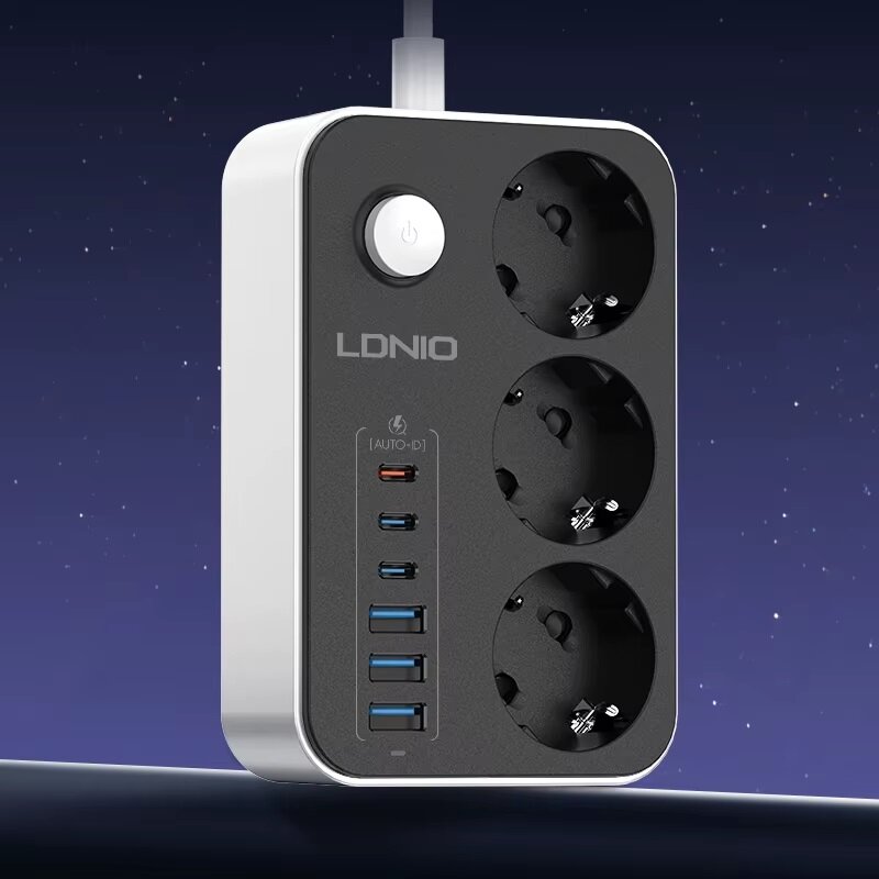 Сетевой фильтр LDNIO SE3631C, 3 розетки + 6 USB (USB-C 20W PD), умная защита, 2500 Вт, выключатель, кабель 2м