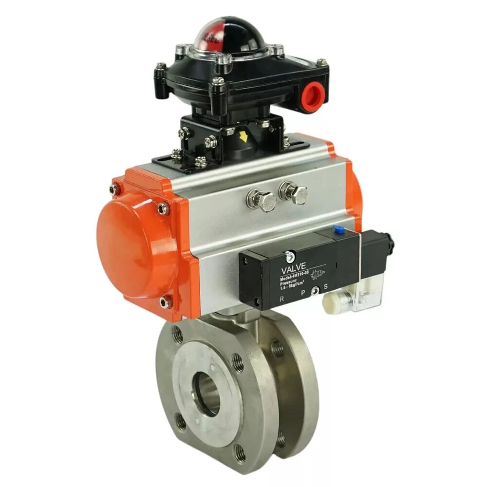 Кран шаровой DN.ru КшмФП.316.200 Ду20 Ру16, полнопроходной межфланцевый, нержавеющая сталь SS316, уплотнение - PTFE, с пневмоприводом SA-052 с возвратными пружинами, с пневмораспределителем PND2-S1EM-52-1NC-J08-220VAC, с БКВ LSB-410-02ExM12-250