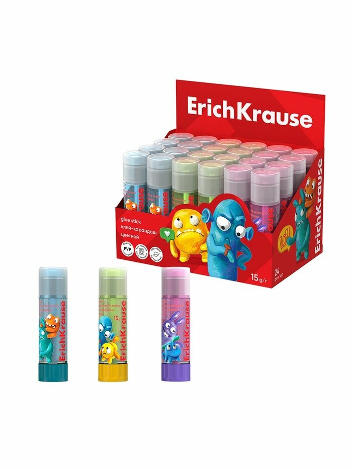 Клей-карандаш 15 г ErichKrause EasyStick Jolly Friends PVP, экономичный расход, микс