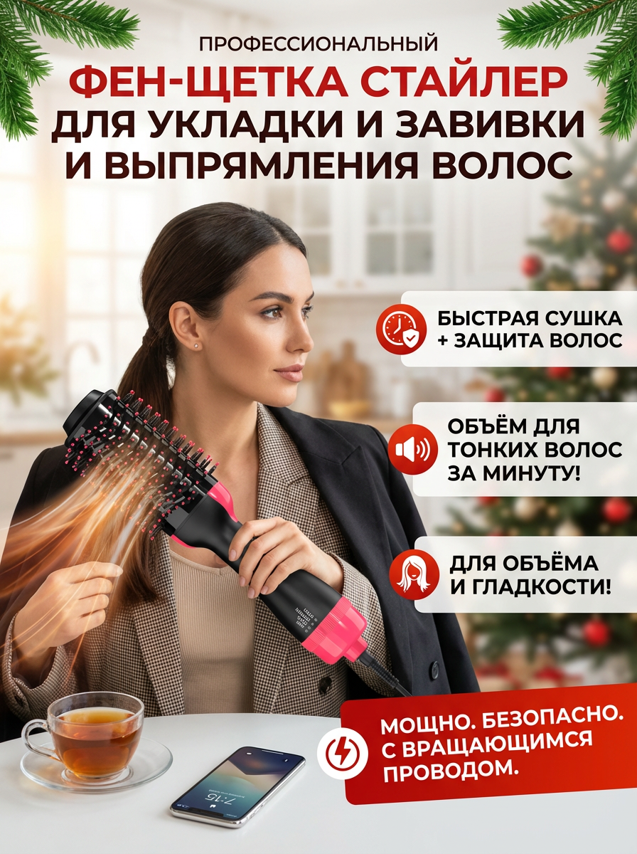 Фен-щетка для волос 3 в 1, Термощетка, Выпрямитель для волос, Стайлер, Расческа