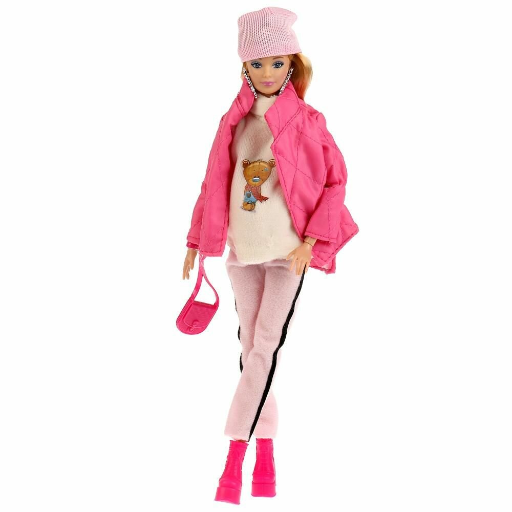 Кукла Будущая мама София одета в яркую розовую куртку, брюки с лампасами.