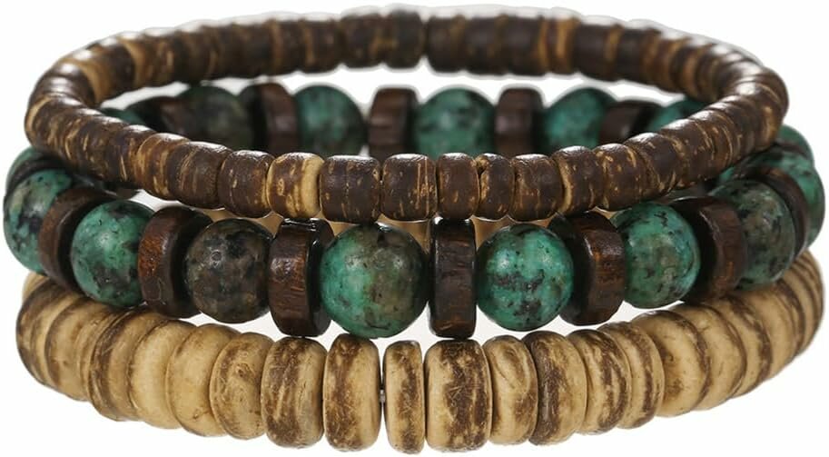 Набор мужских браслетов из бусин, браслет из деревянных бусин, браслет с крестом, который можно носить в несколько рядов, эластичный, черные и коричневые бусины, регулируемый размер.