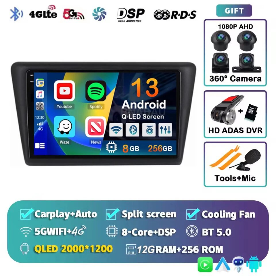 Автомобильное радио Android 15 Carplay для VW Skoda Rapid 2013 2014 2015 2016 2K12G-256G 360 DVR