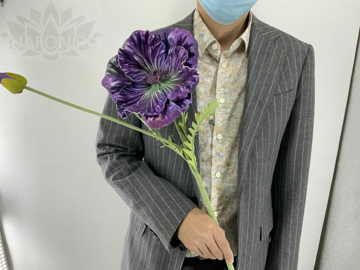 Искусственные цветы для декора мак фиолетовый крупный из латекса голова 17 см премиум серия 75 см