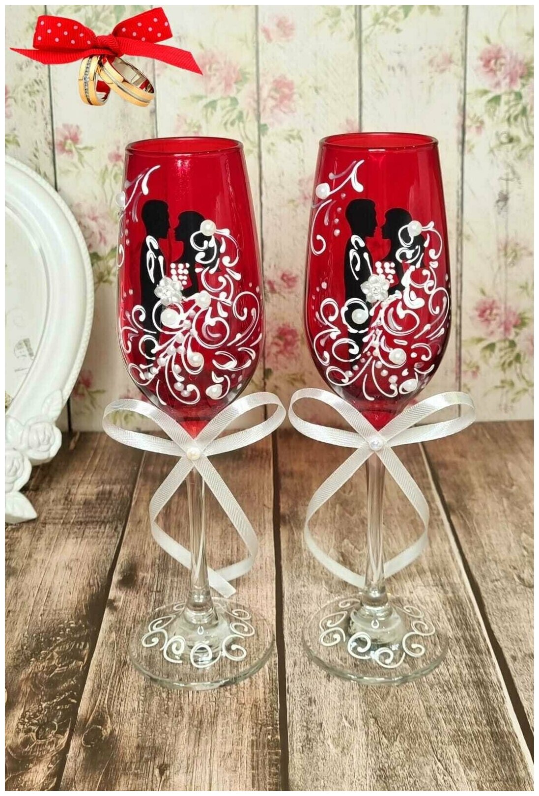 Свадебные бокалы "Нежность"в красном цвете с ручной росписью / фужеры для шампанского/бокалы молодоженов/бокалы на свадьбу/набор бокалов