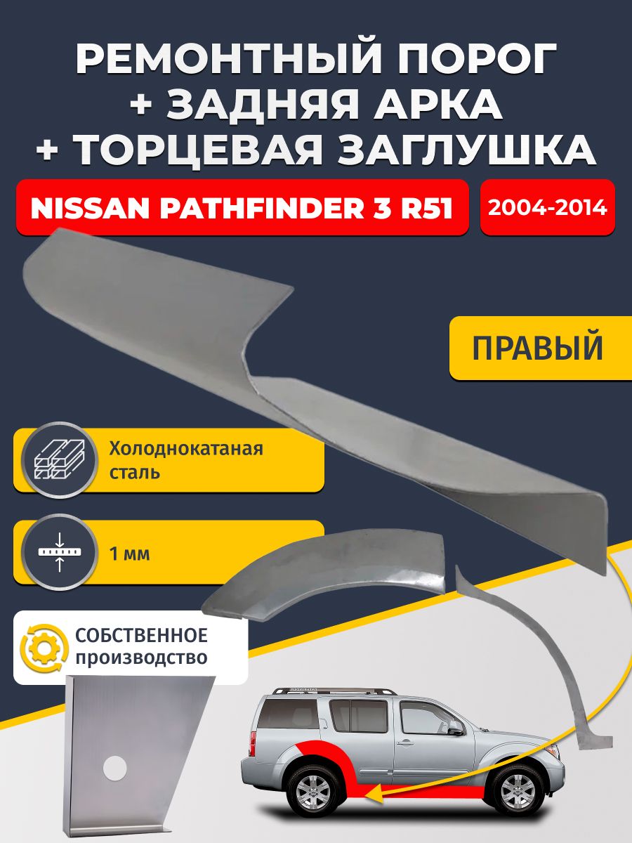 Правая задняя ремонтная арка (0,8 мм) и правый стандартный ремонтный порог (1 мм) + торцевая заглушка (1 мм) на Nissan Pathfinder 3 R51 2004-2014 (Патфаиндер Р51). Холоднокатаная сталь