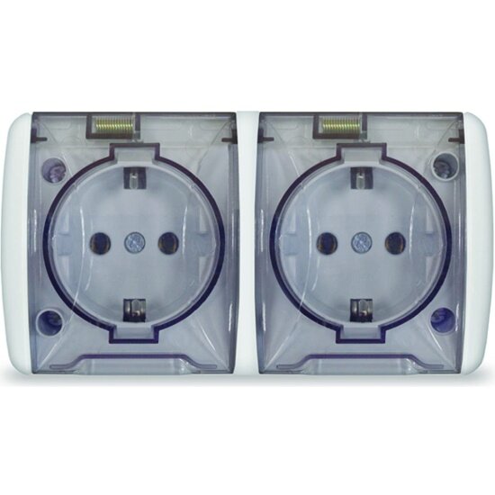 Розетка Universal 2-м ОП Клио 16А IP44 с заземл. с прозр. крышкой бел, К2232