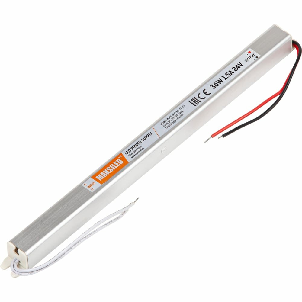 Блок питания MAKSILED 24В, 36Вт, IP20, 1.5A, 283x18x18мм, металл MLPS-NW-36-24-UT, металлический, 24 В, 36 Вт