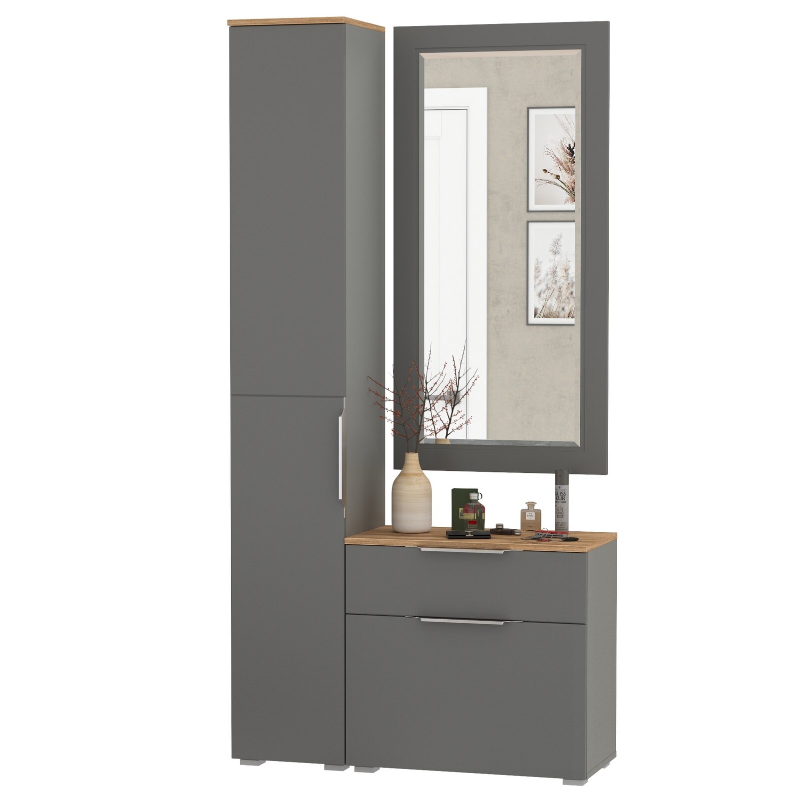 Прихожая комплект мебели для гардеробной, напольная 98см серый графит/дуб крафт золотой/фасады МДФ серый графит