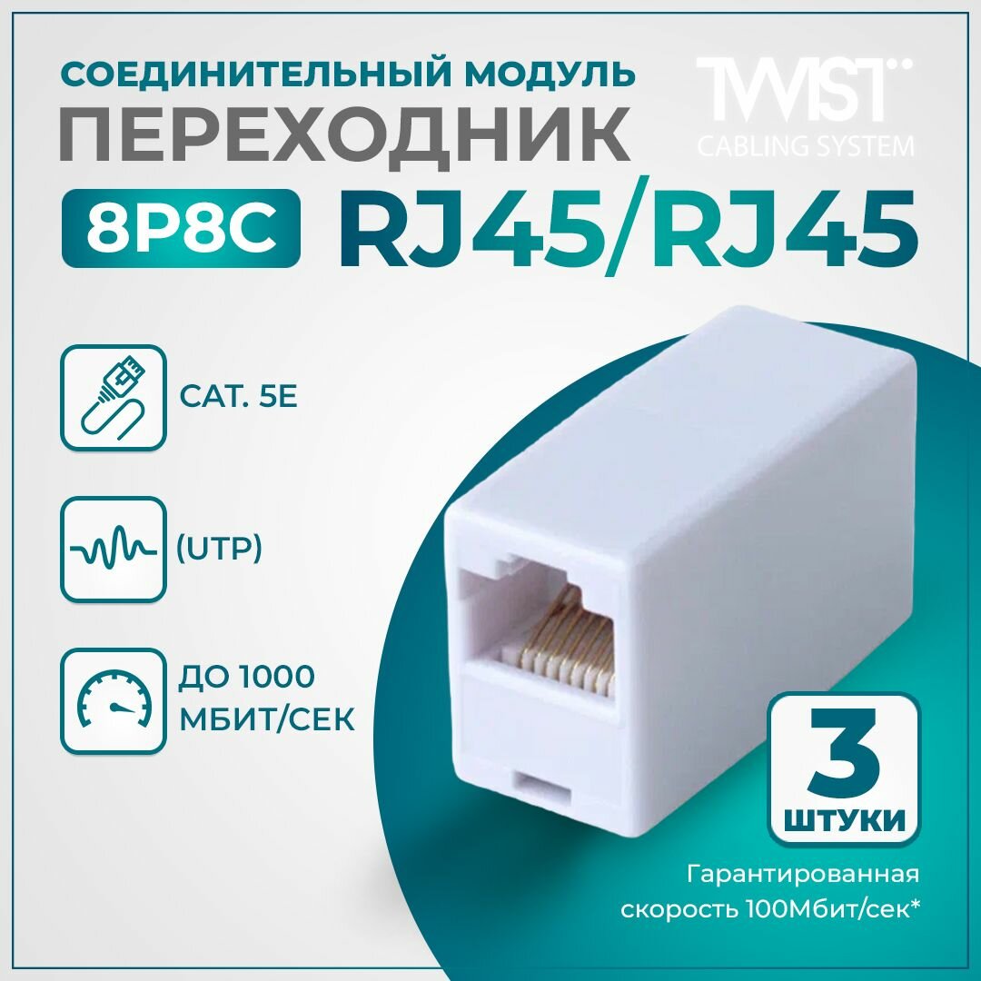 Соединительный модуль (Переходник) TWIST RJ-45/RJ-45 (8P8C), 3 шт/упаковка