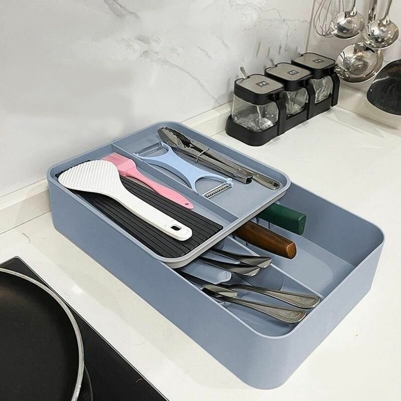 Лоток для ножей/ложек/вилок. Органайзер для хранения столовых приборов в шкаф/ящик настольный с крышкой нескользящий с поддоном. Loloki