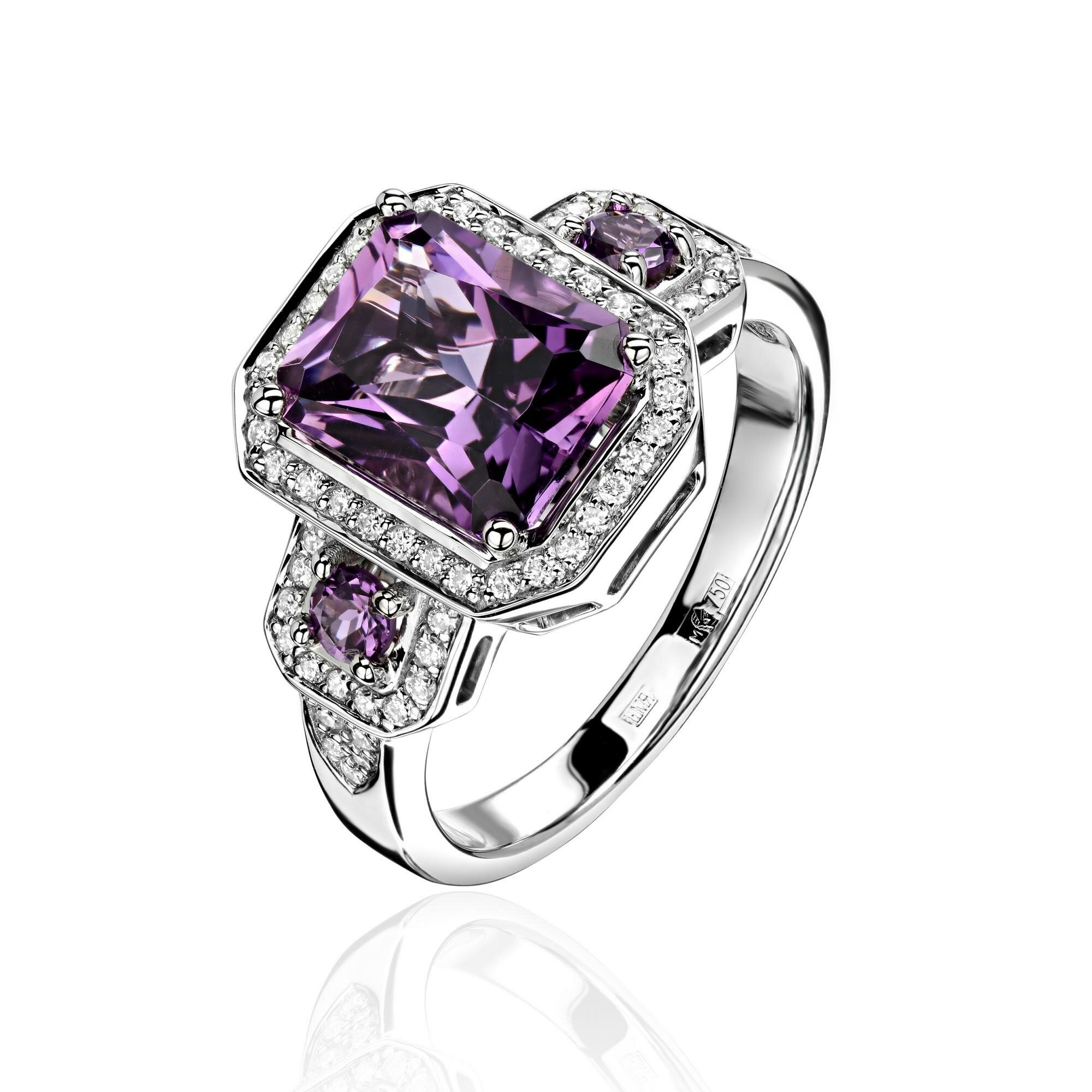 Кольцо, белое золото, 750 проба, родирование, аметист, бриллиант