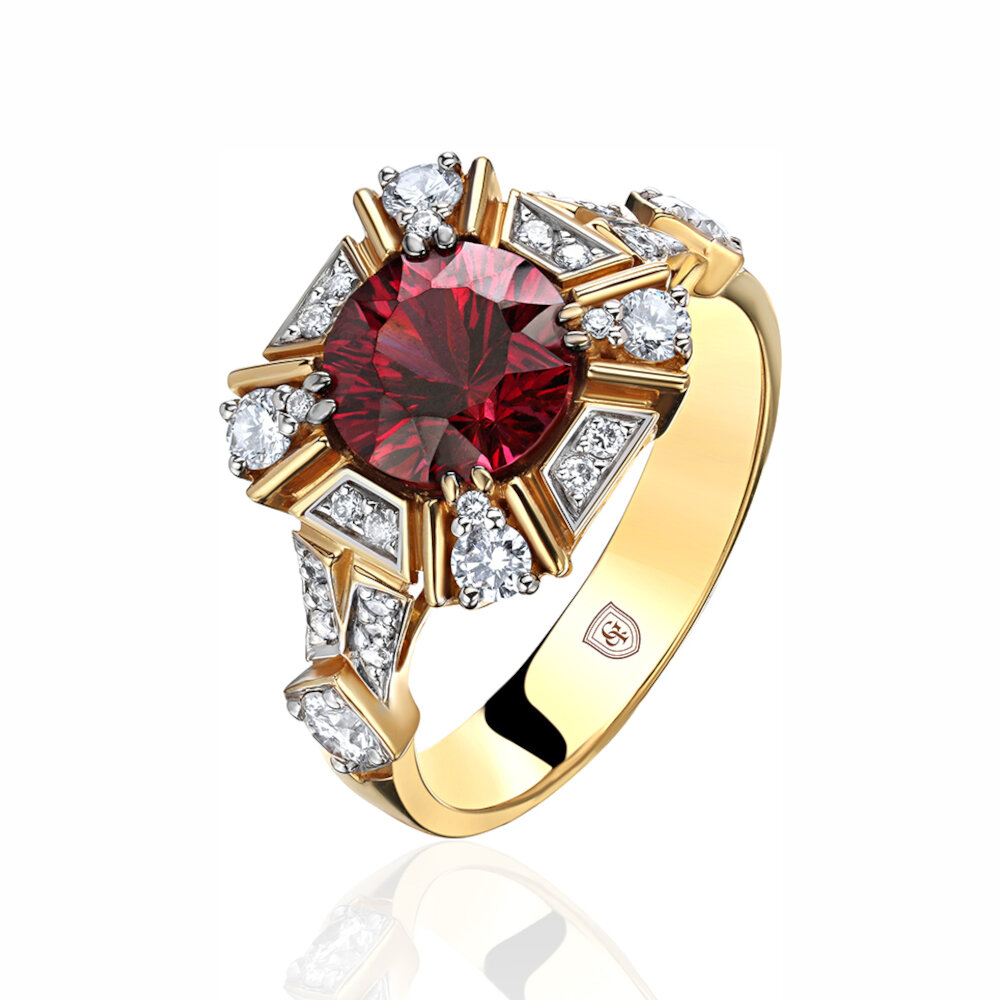 Кольцо, желтое золото, 750 проба, бриллиант, родолит
