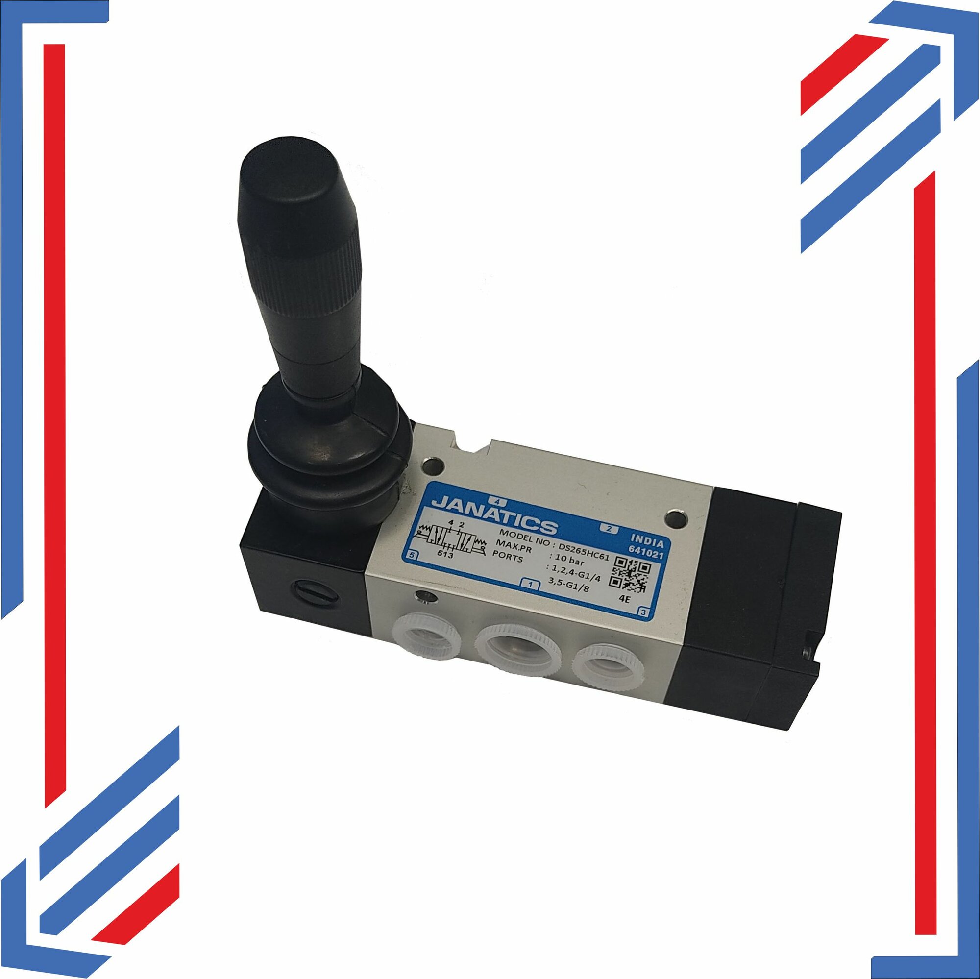 Пневмораспределитель G1/4', 5/3, с ручным управлением и пружинным возвратом в среднее положение