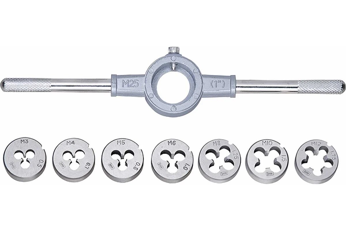 СИБРТЕХ 77309 Набор плашек М3-М12, 8 предметов, прецизионные плашки для резьбонарезания