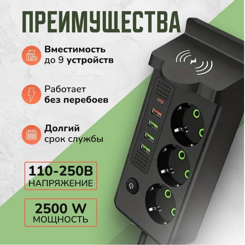 Сетевой фильтр QL-1080U с 4 USB-портами c 3 розетками и 1 Tupe-C / с беспроводной зарядкой / 3 метра / черный