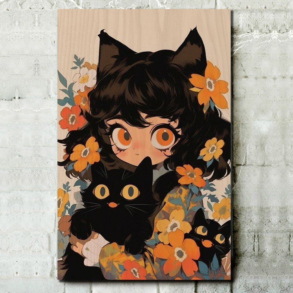 Картина интерьерная на дереве маленькая девочка с котятами (кошачий арт) - 15770 В