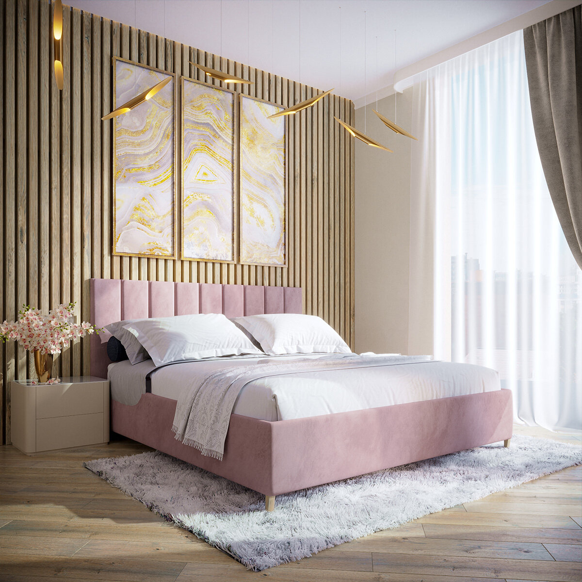 Кровать с подъемным механизмом ИнРум Line велюр пыльная роза, 160х200, с ножками