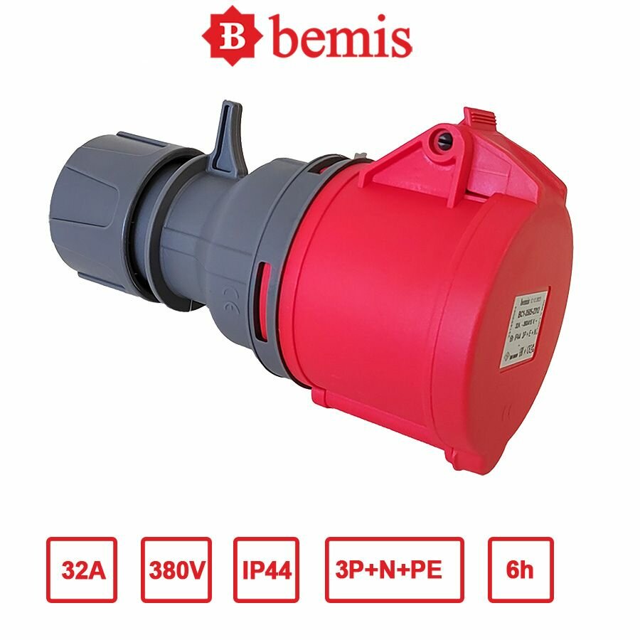 Розетка кабельная CEE, 32A, 5P, IP44, 6h, Bemis, BC1-3505-2312