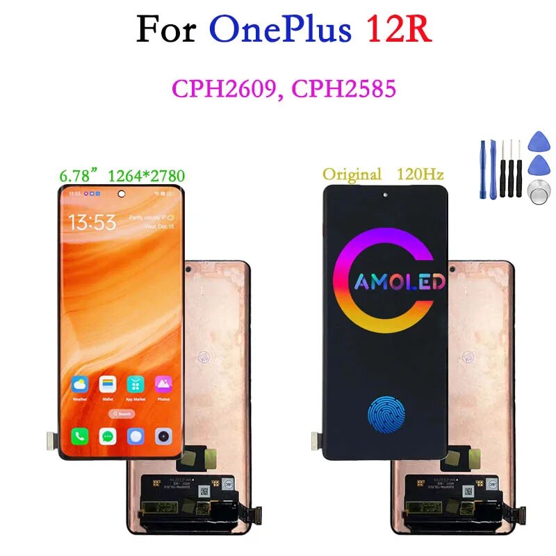 Оригинальный AMOLED для OnePlus 12R, дисплей 12R, ЖК-дисплей с цифровым преобразователем сенсорного экрана в сборе для OnePlus 12R CPH2609, CPH2585, замена дисплея