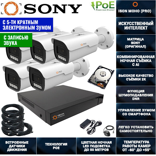IP Система видеонаблюдения на 5 камер с зумом POE 5 мегапикселей ISON MOHO-5-PRO с жестким диском 1ТБ