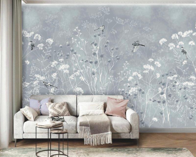 Фреска бесшовная "Птички Урагусы" серый монохром (ширина 2550мм х длина 2000мм)