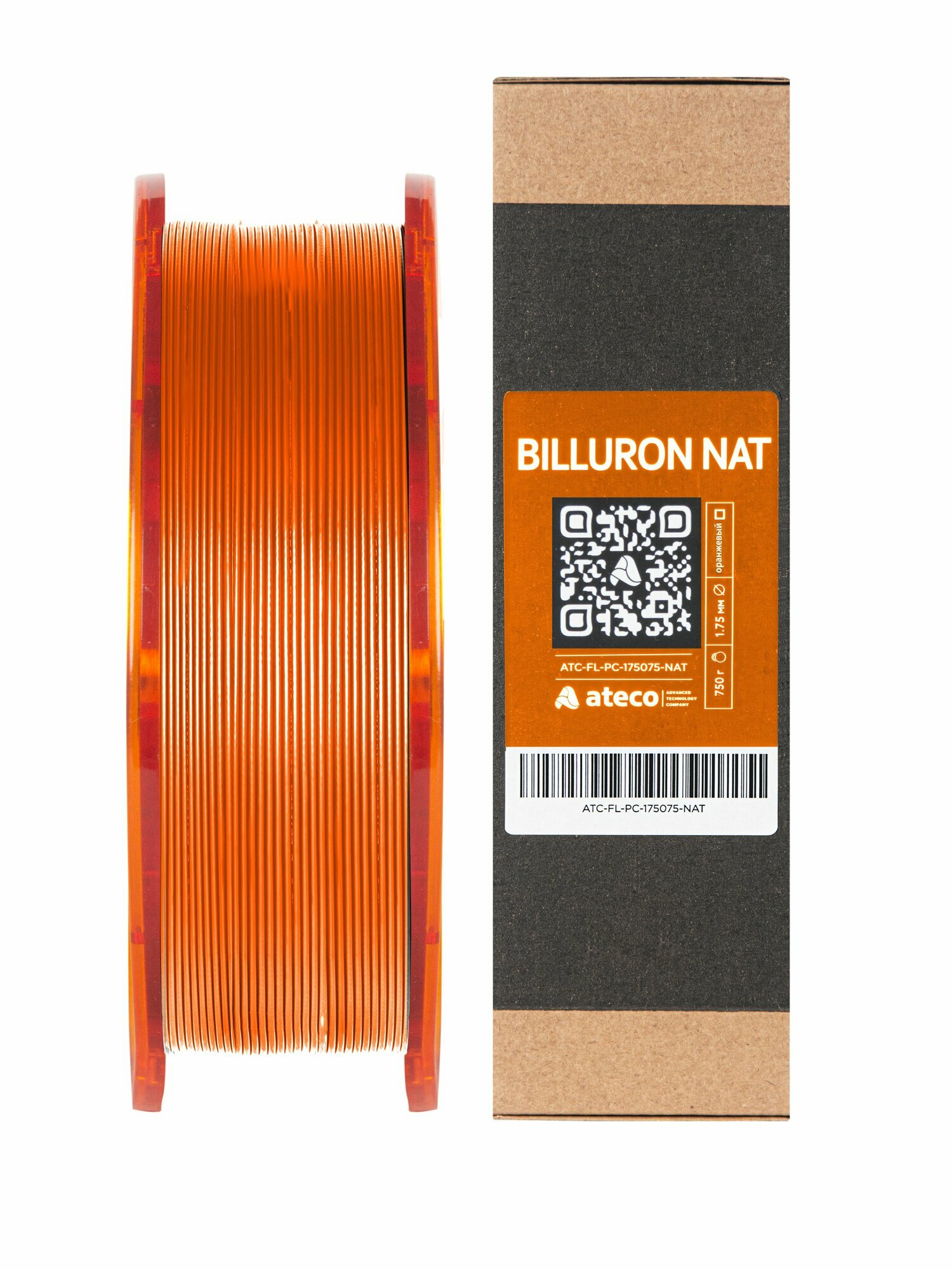 BILLURON NAT PC ATECO, поликарбонат, пластик для 3D печати, 1.75 мм, оранжевый, 750 гр.