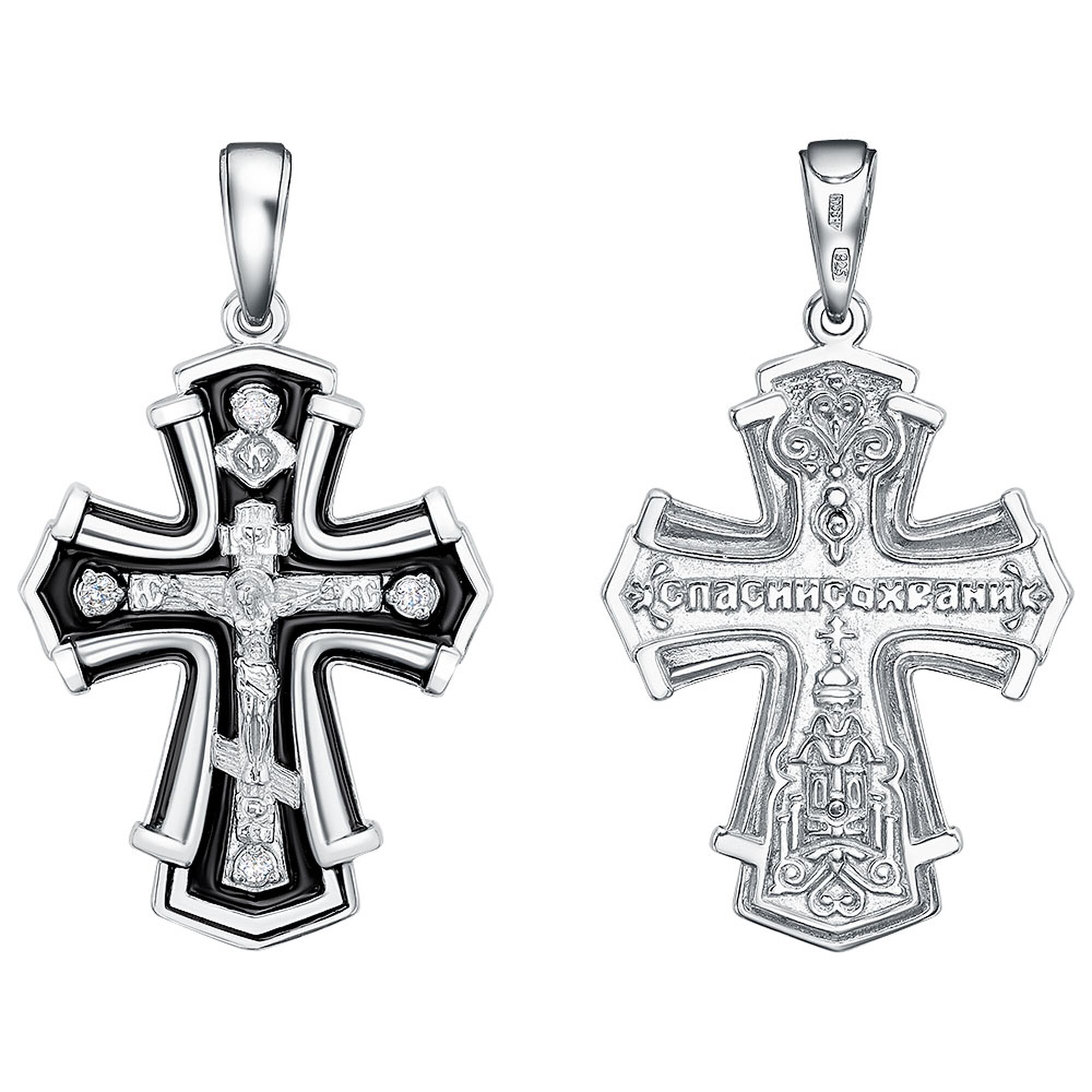 Крестик, серебро, 925 проба, чернение, эмаль, фианит