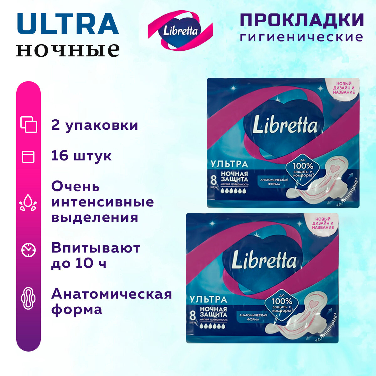 Прокладки Libretta Ultra, ночные, с крылышками, впитывают до 10 часов