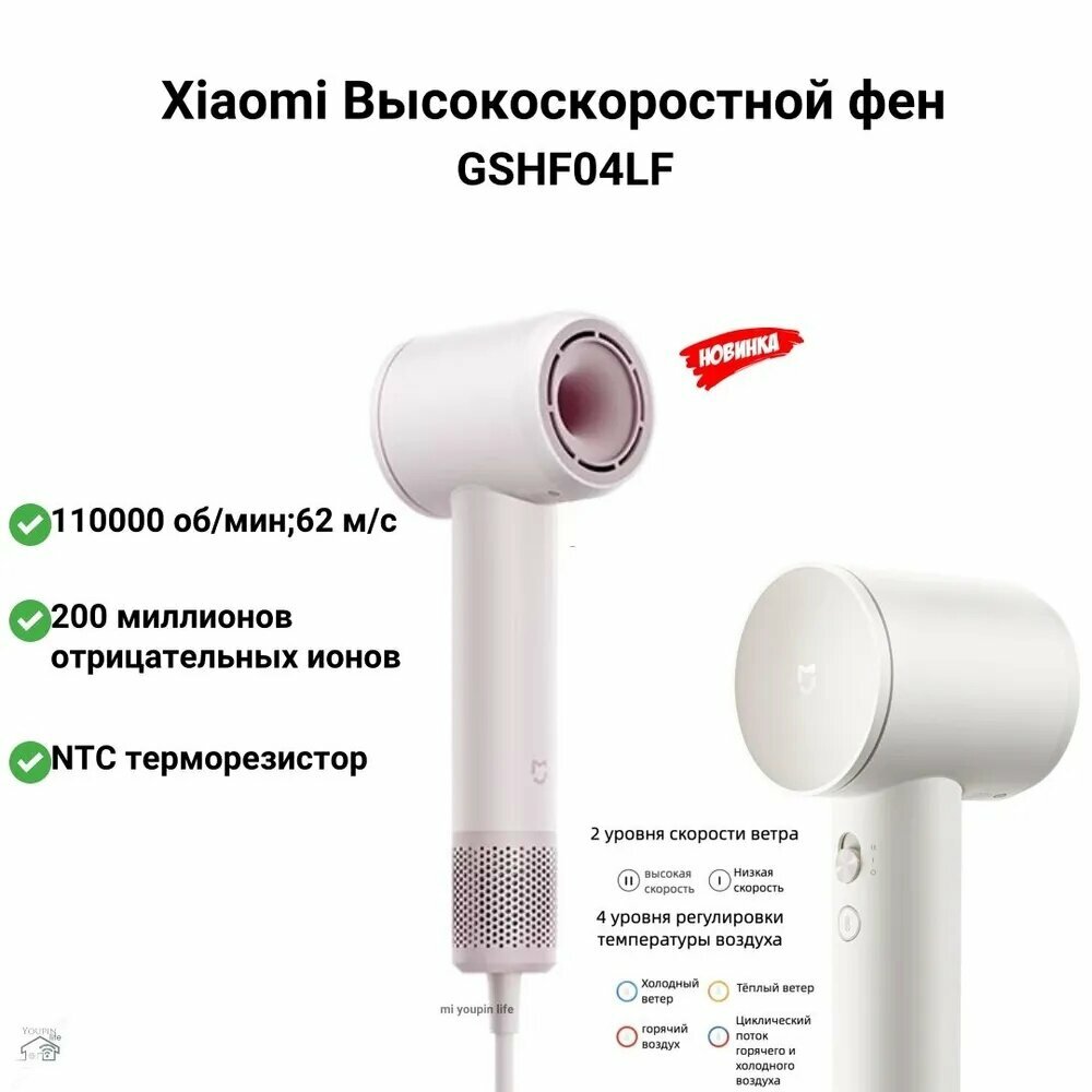 Xiaomi Фен для волос Mijia Высокоскоростной фен GSHF04LF 1600 Вт, скоростей 2, светло-розовый