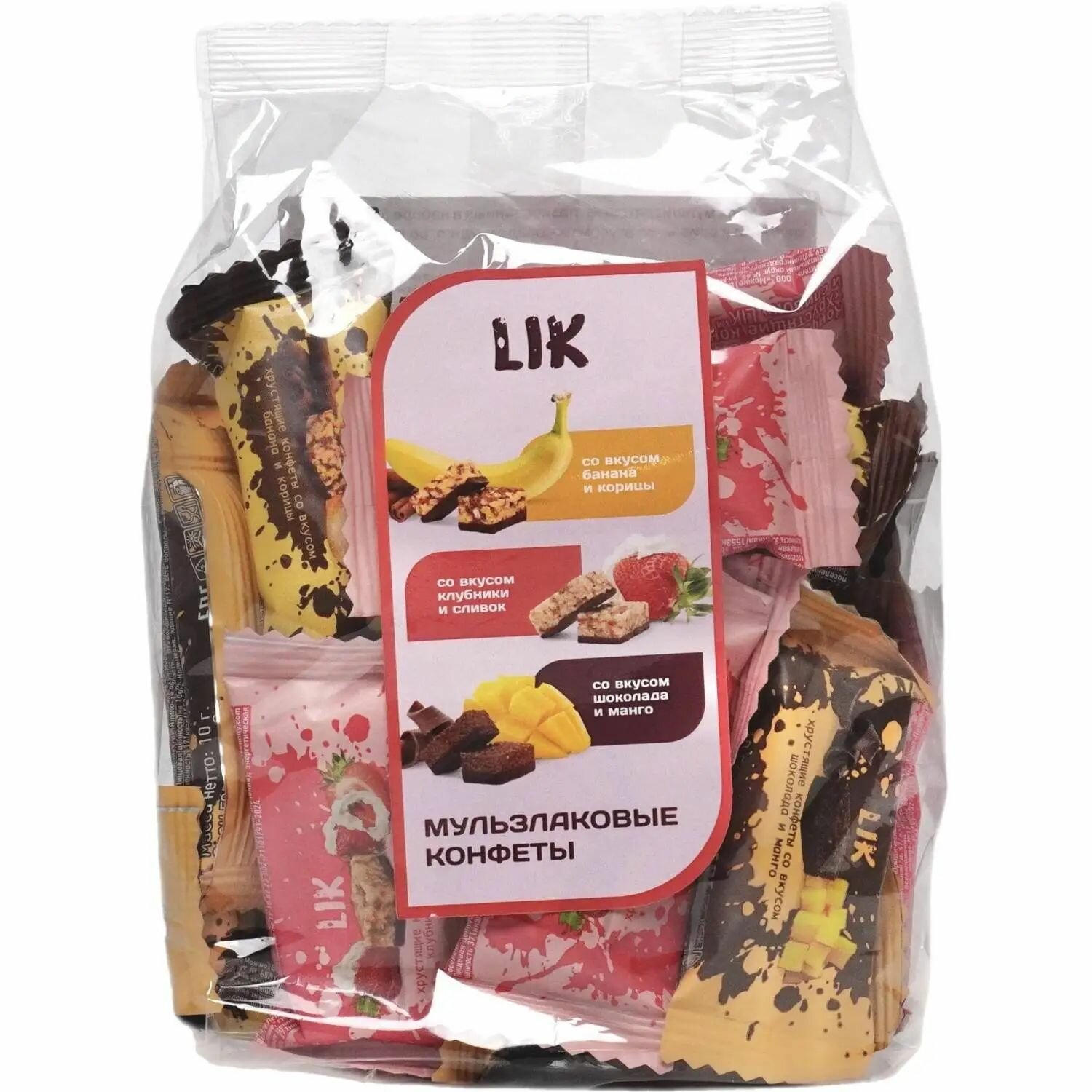 Конфеты мультизлаковые LIK ас в глазур(клуб/слив, шок/манг, бан/кориц),250г