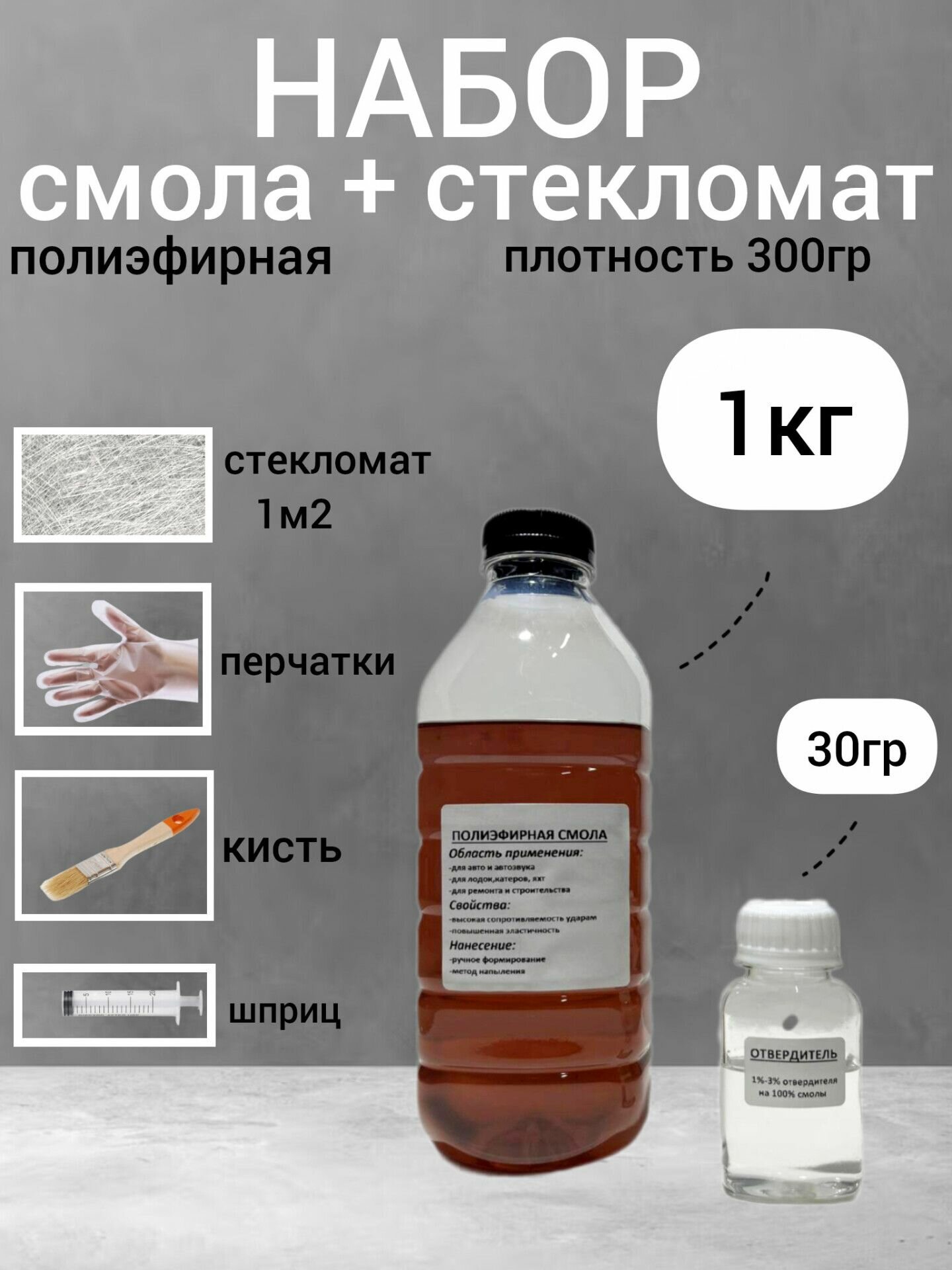 Смола полиэфирная 1кг + стекломат 1м2, набор для ремонта