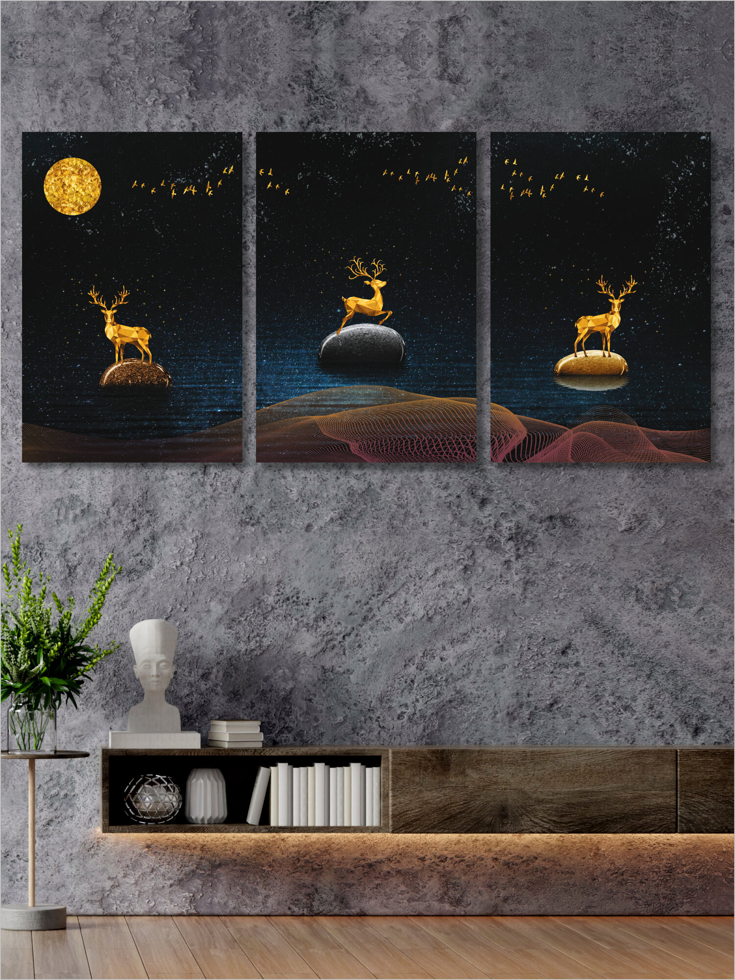 Модульная картина для интерьера на стену минимализм. Золотые олени 50х75 см - 3 штуки на холсте на подрамнике