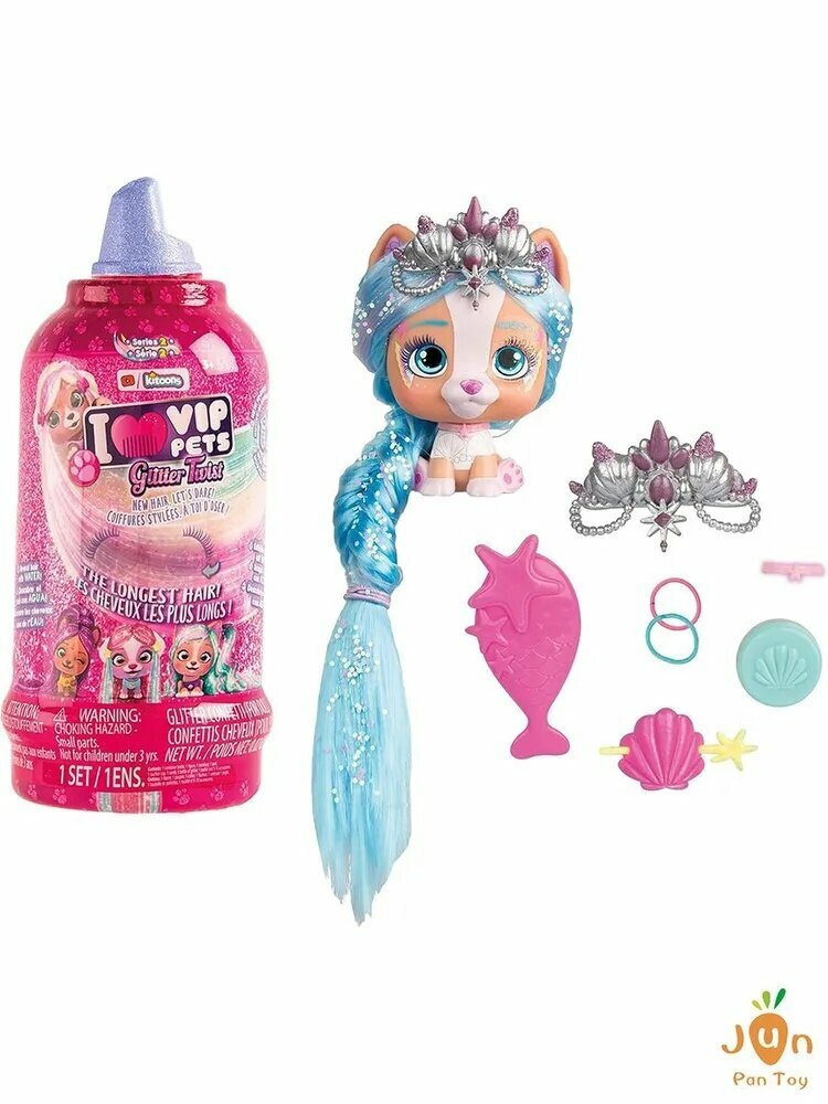 IMC Toys VIP Pets Series 2 Glitter Twist / Модная игрушечная собачка для девочек с красивыми длинными волосами и аксессуарами, случайная отправка, отлично подойдёт в качестве подарка на день рождения.