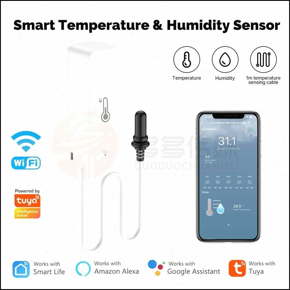 Бестселлер WiFi датчик температуры и влажности Tuya с проводным сенсором