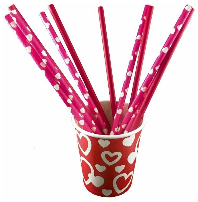Трубочки для коктейля бумажные Малиновые с Белым сердцем 6+6, 12 шт.