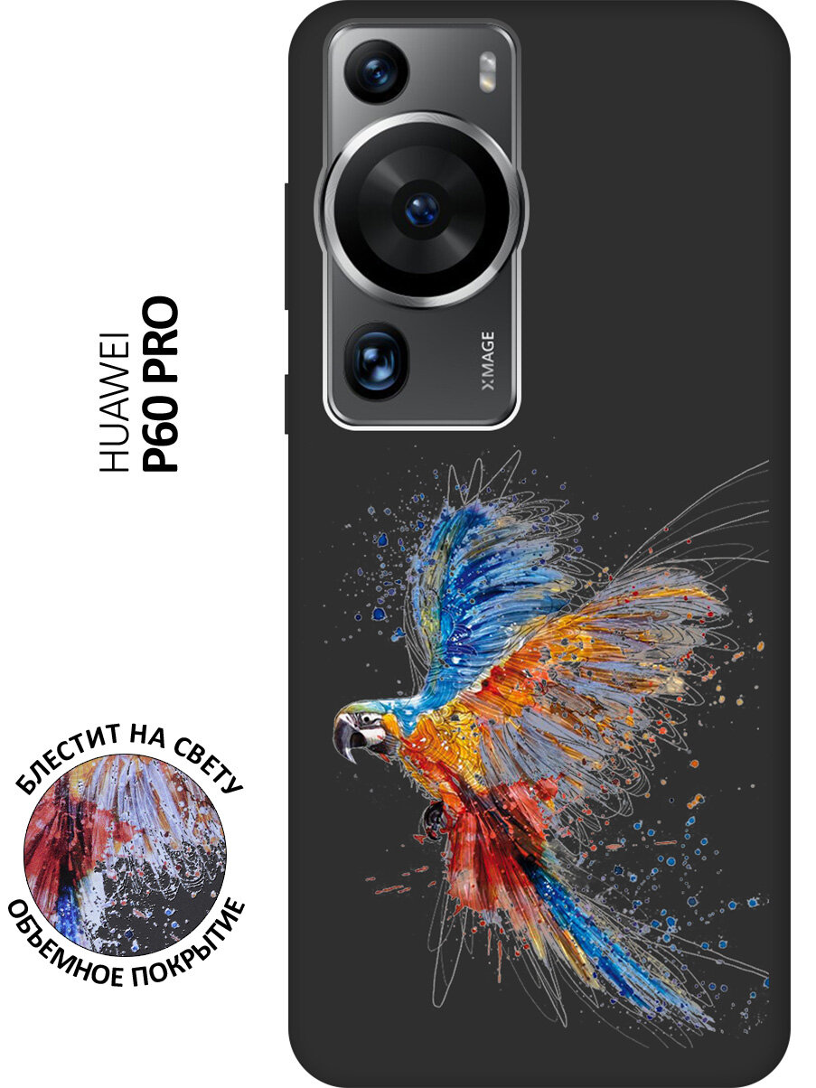 Матовый Soft Touch силиконовый чехол на Huawei P60 Pro, Хуавей П60 Про с 3D принтом "Colorful Parrot" черный