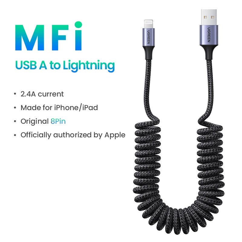 Кабель UGREEN Type-C - Lightning MFi для Apple iPad iPhone 14 13 12, быстрая USB-A To L 2.4A 12W