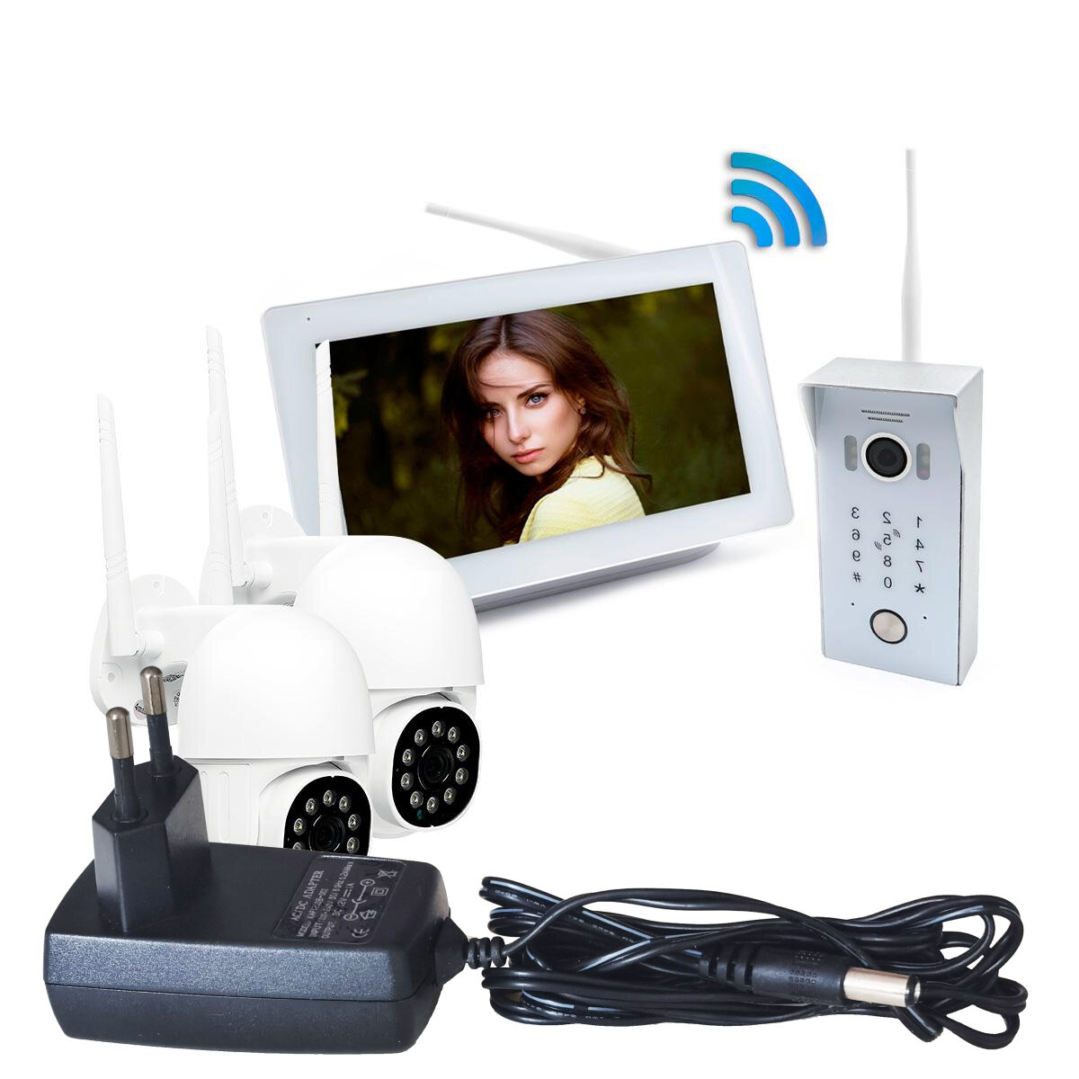 Комплект Wi-Fi видеодомофон TUYA и ДВЕ уличные 5mp поворотные Wi-Fi IP камеры наблюдения СкайНет 700-Tuya (1+2)-LCD (Y13170YKS) + беспроводная вызыв