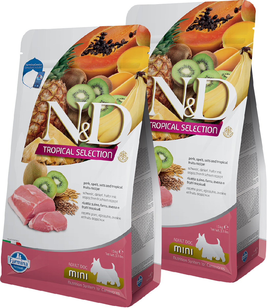 Корм сухой Farmina Dog N&D Tropical Selection Adult Mini Pork низкозерновой для взрослых собак маленьких пород, свинина, спельта, овес и тропические фрукты, 1,5 + 1,5 кг