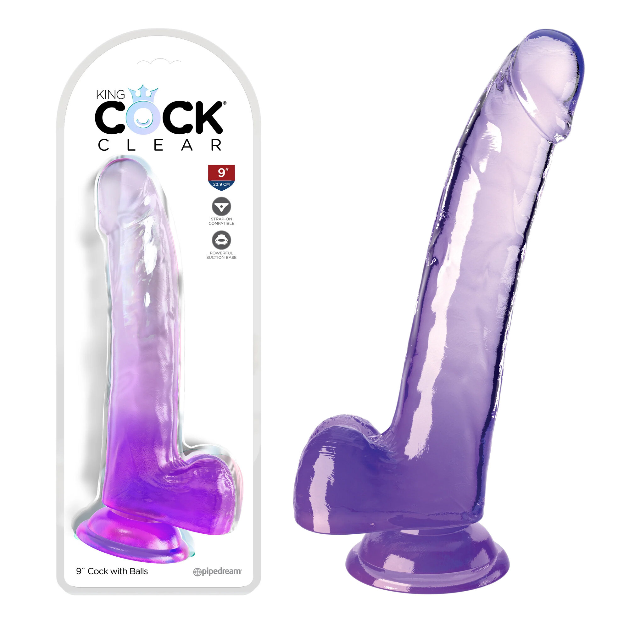 King Cock Clear, Cock with Balls 9" Фаллоимитатор с мошонкой, прозрачный/фиолетовый (24.8, Ø 4.5 см)