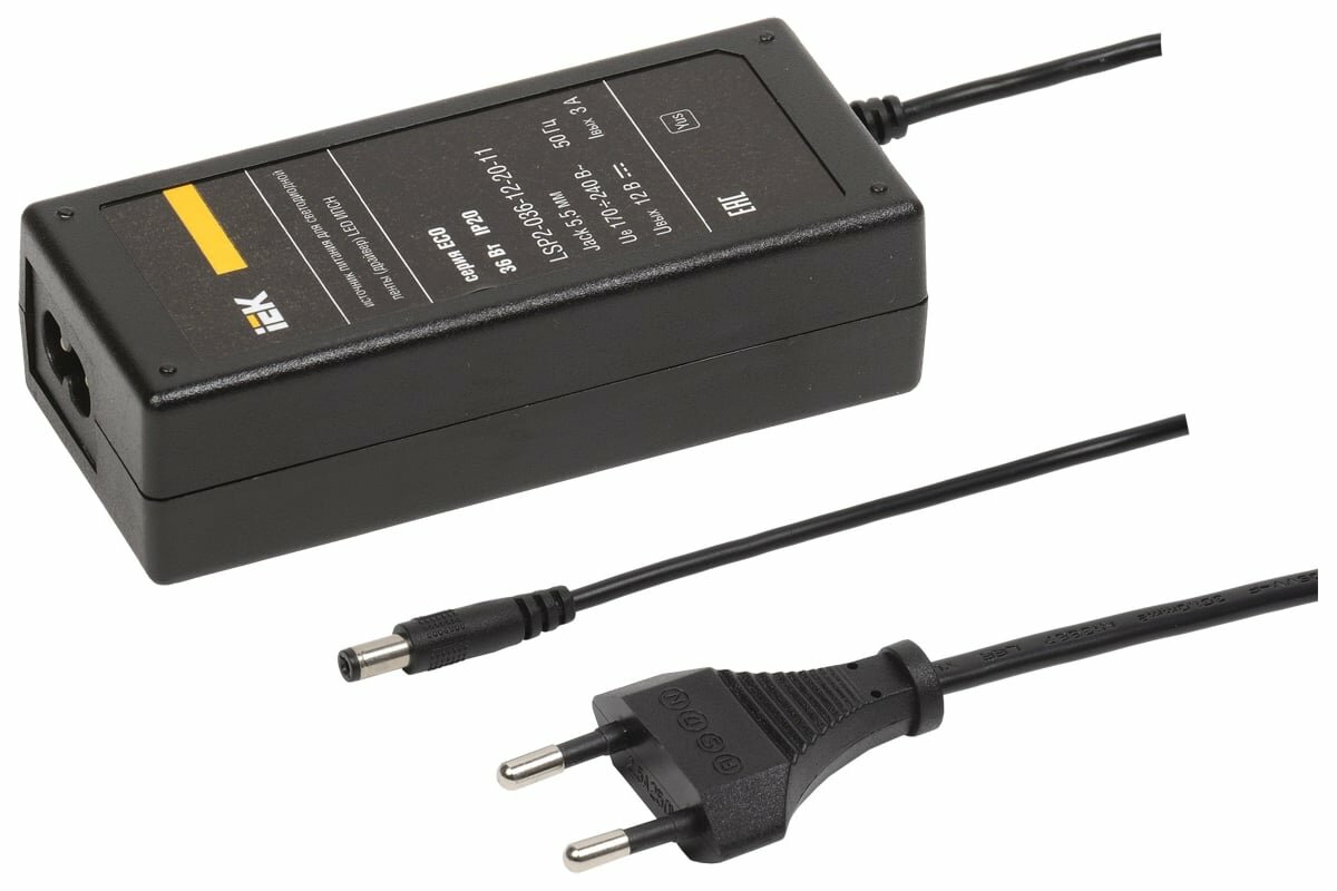 Драйвер IEK LED ипсн 36Вт 12В с сетевой вилкой‑JacK 5,5 мм IP20 для светодиодных лент и систем питания 220V→12V 3А.