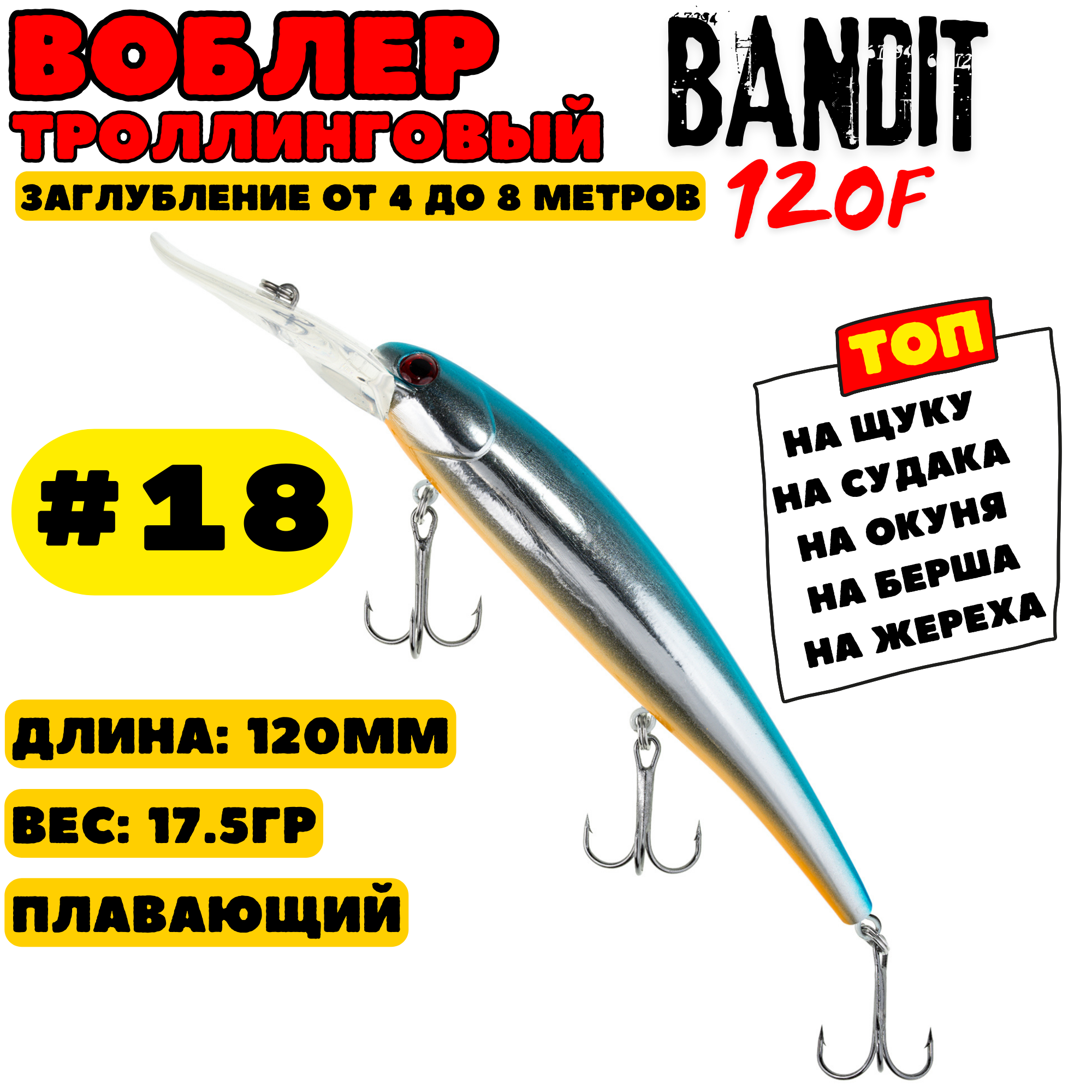 Воблер для троллинга Grows Culture Bandit 120 мм, 17.5 гр, цвет 18