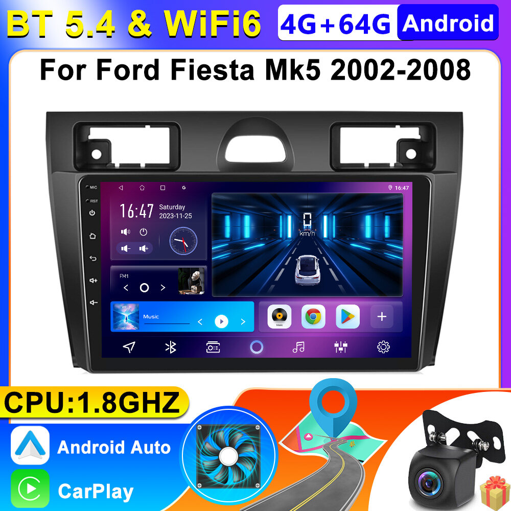 Магнитола для Ford Fiesta МК5 / Форд Фиеста 2001-2008 Android Память 4+64Gb-Carplay-DSP полос-Кулер вентилятор