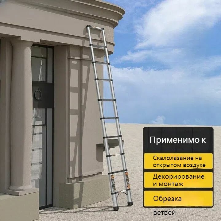 Лестница приставная, нержавеющая сталь, нескользящие ножки, 9 ступеней, до 390см, черная — фото 1