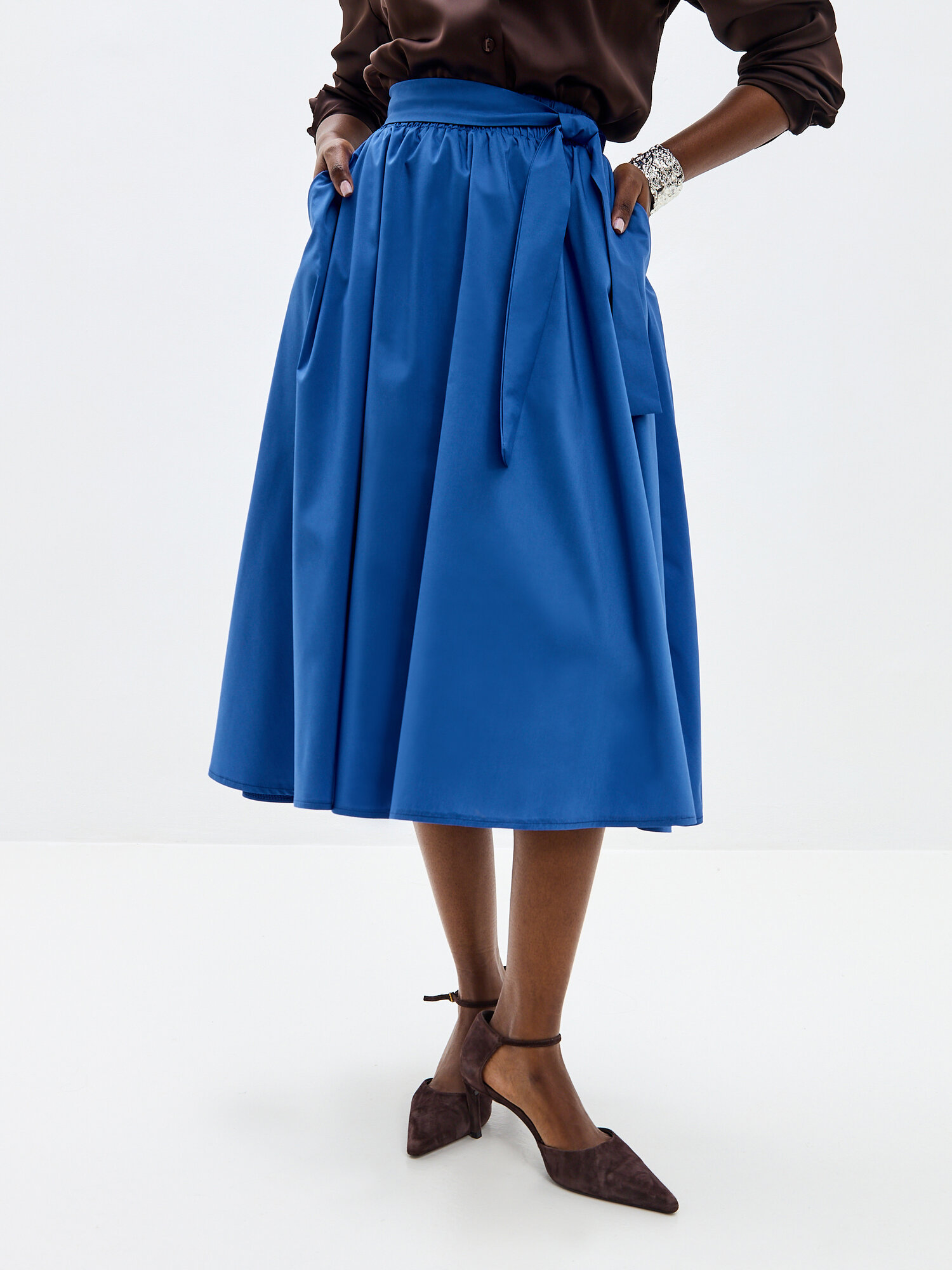 Юбка миди в складку на резинке хлопок электрик, с подкладом, карманами и поясом