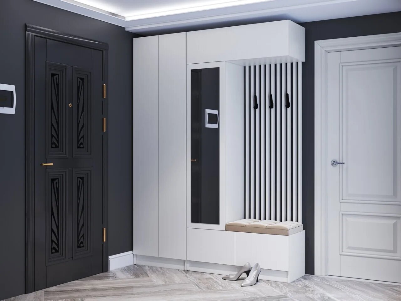 Прихожая «Руэлла» со шкафом, зеркалом и вешалкой, ЛДСП (Белый) 160х40х220