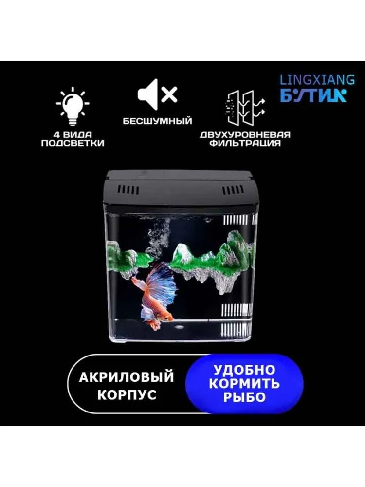 Аквариум для рыбок и креветок настольный 4 л с фильтром и подсветкой черный — фото 1