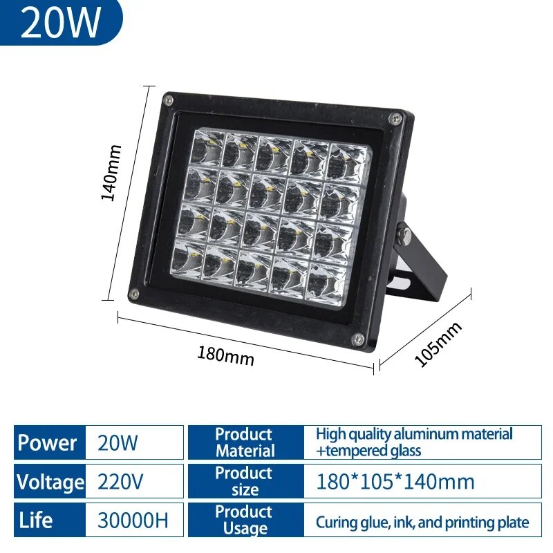 УФ лампа 365 395 405 нм 100 Вт EU plug, 365NM, 20W