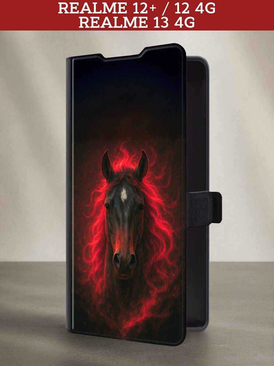 Чехол-книжка на Realme 12 Plus/Realme 12 4G/Realme 13 4G / Реалми 12 Плюс с принтом Конь и огненная грива, черный